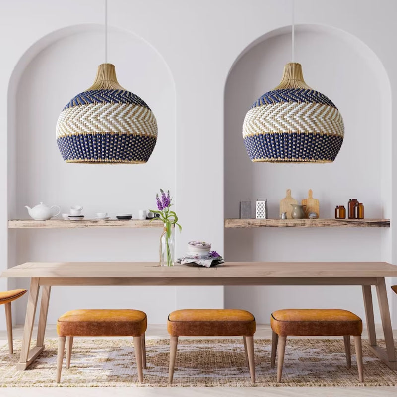 Demolights Pendant Lights Handwoven Blue White Rattan Pendant Lampshade ...