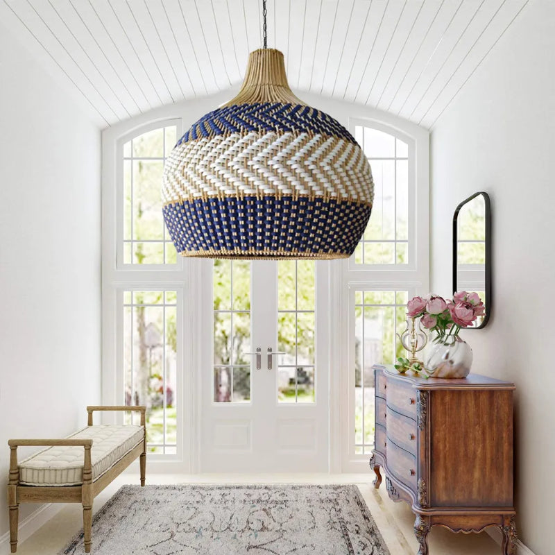 Demolights Pendant Lights Handwoven Blue White Rattan Pendant Lampshade ...