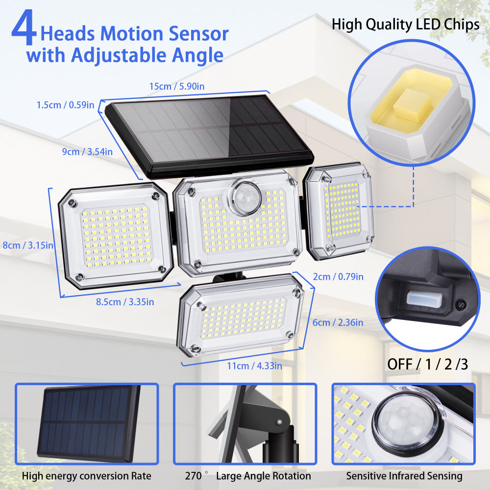 Demolights Solar Lights 4 Heads Solar Powered Motion Sensor Flood ...